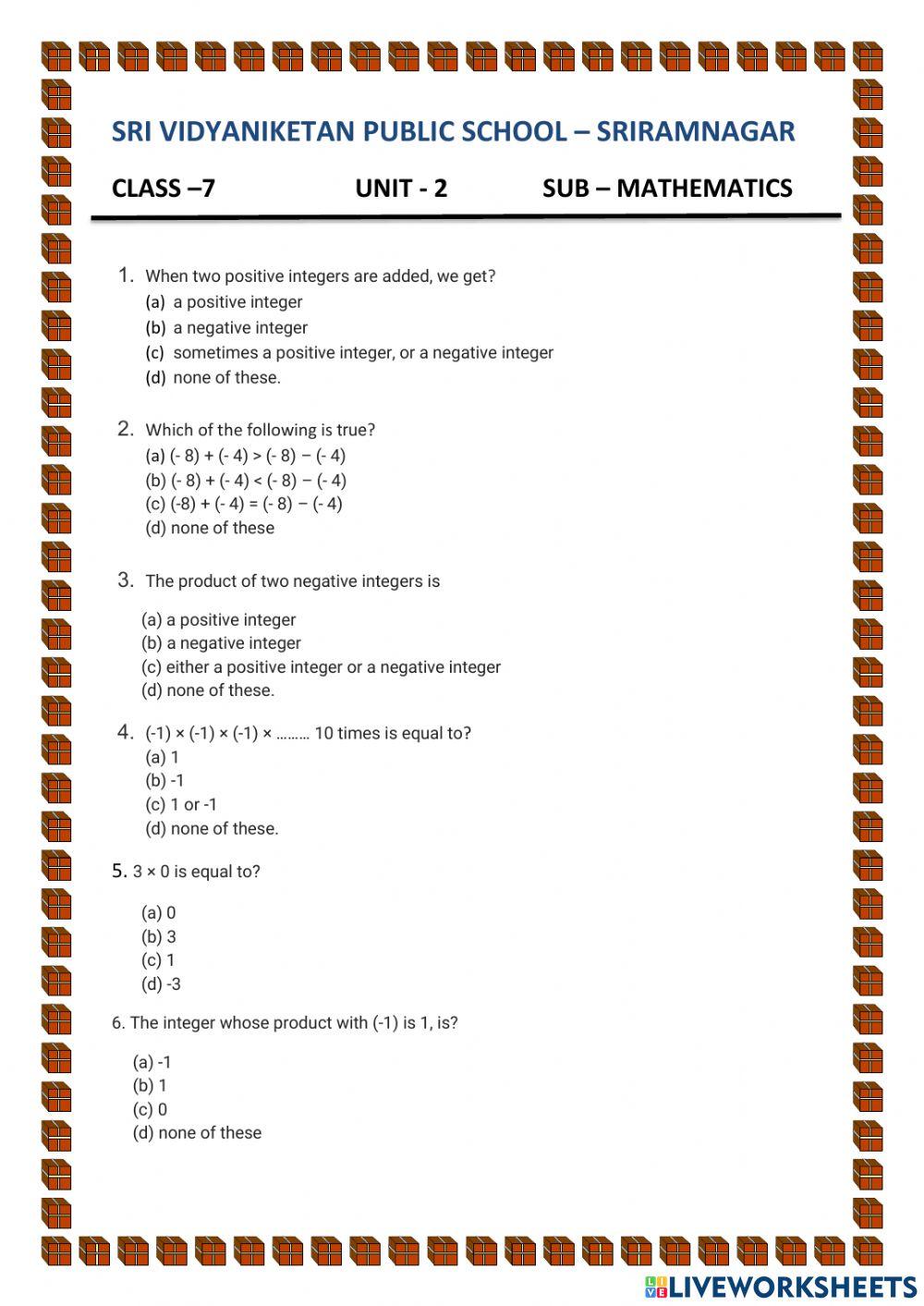 Integers live worksheet | 7Aclassteacher | Live