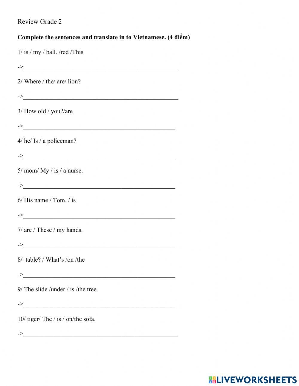 Tieng Anh 2 Review Day 2 worksheet | Live Worksheets