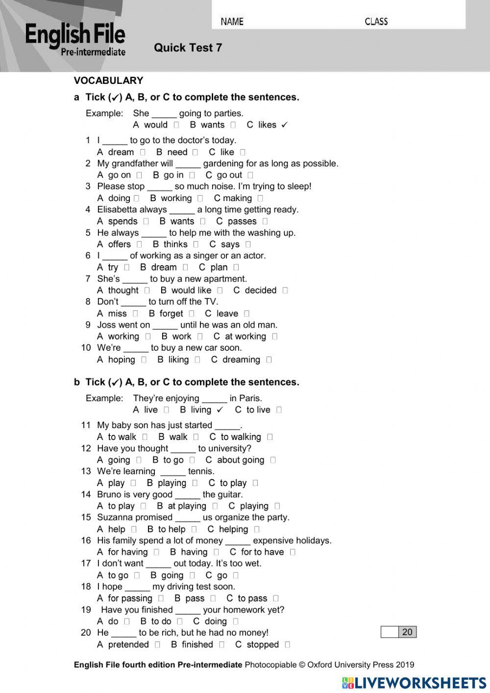 Unit 7- English File Pre-Intermediate online exercise for | Live Worksheets
