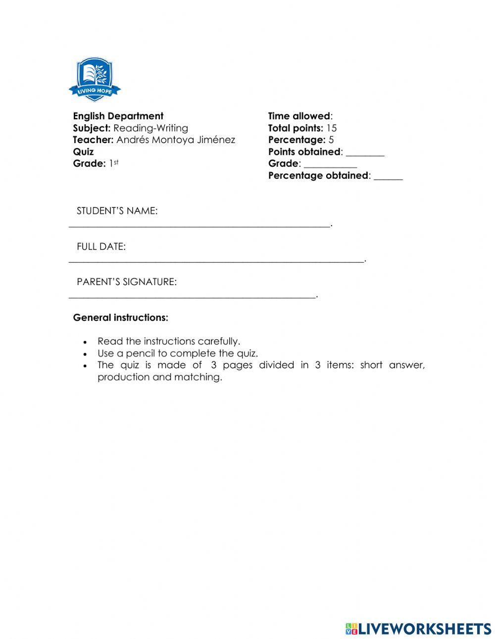 Quiz 1st Grade activity | Live Worksheets