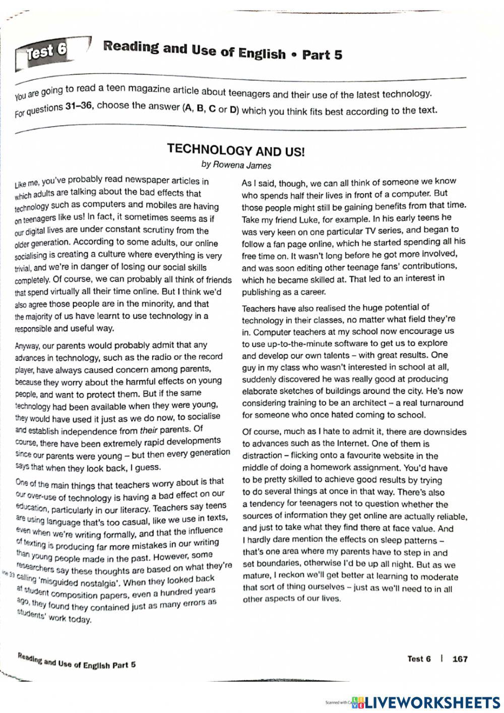 Test 6 - Reading and Use of English worksheet | Live Worksheets