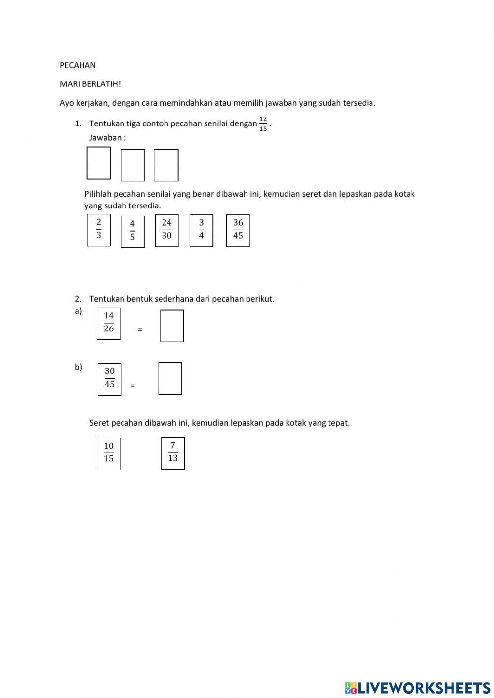 MTK pecahan 2 worksheet | Live Worksheets