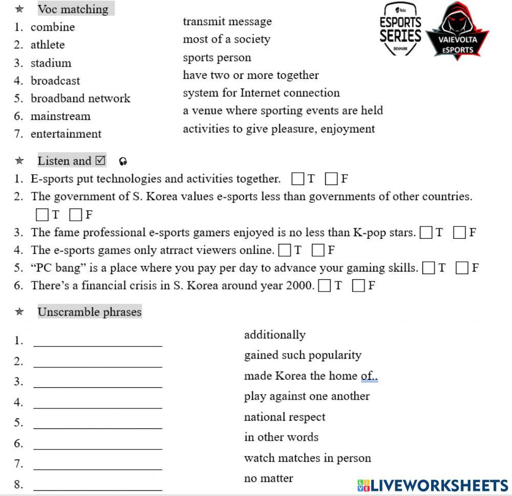 Listening Esports in S. Korea worksheet | Live Worksheets