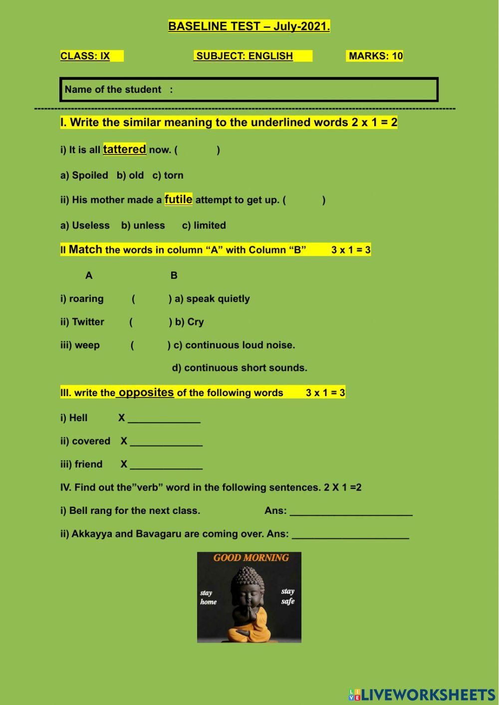 Baseline Test for class -IX worksheet | Live Worksheets