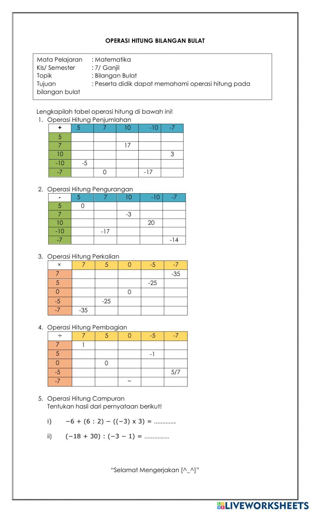 Operasi Hitung Bilangan Bulat online worksheet | Live Worksheets