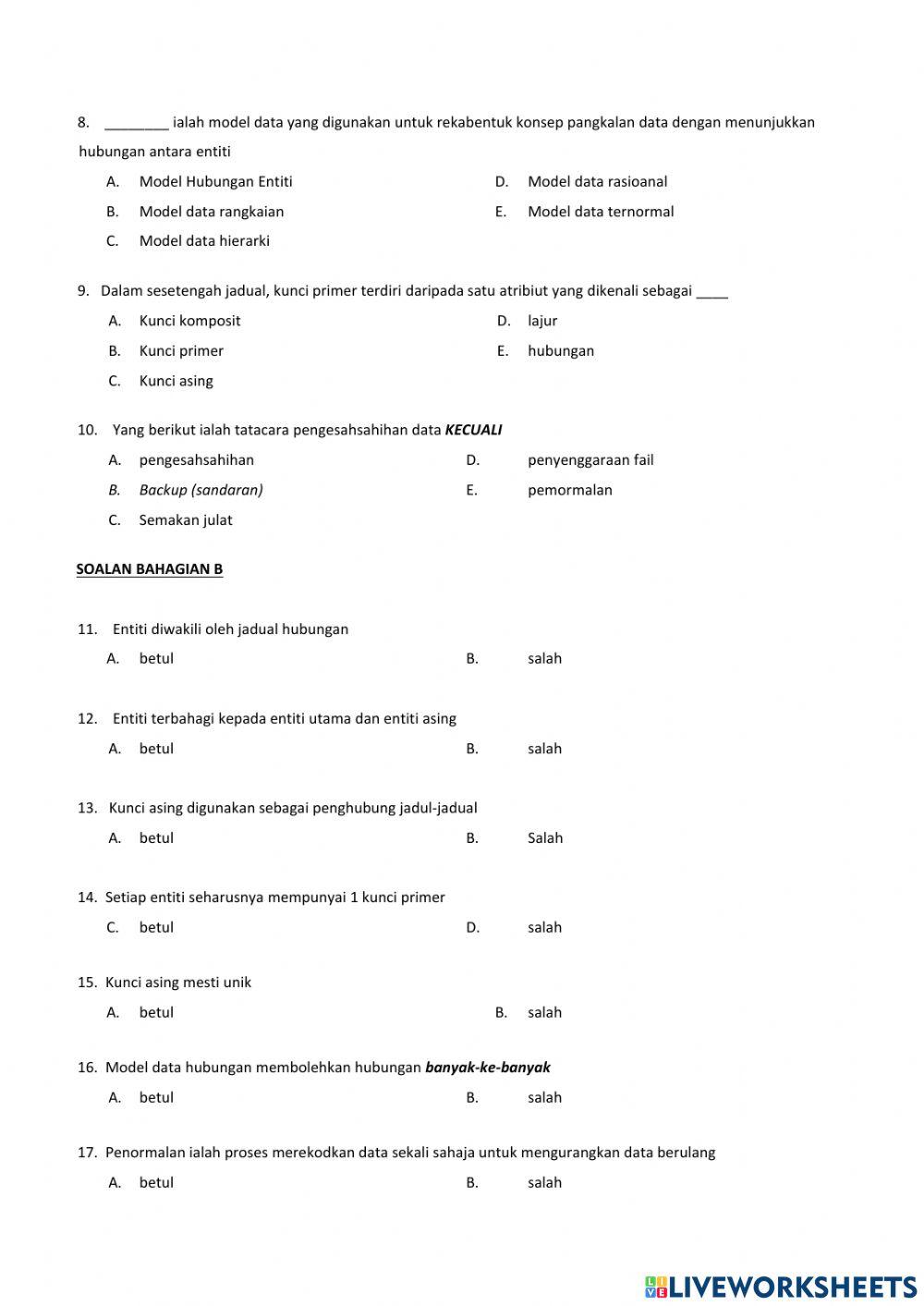 Pangkalan data exercise | Live Worksheets