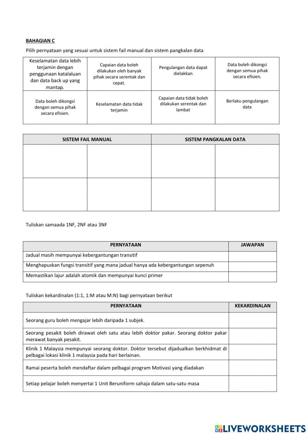 Pangkalan data exercise | Live Worksheets