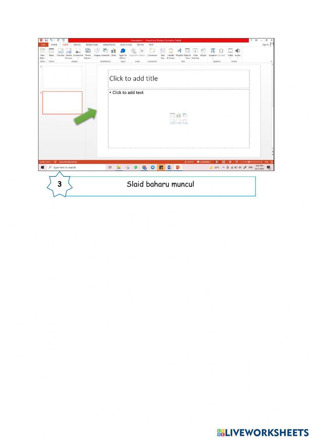 Langkah menambah slaid dan teks pada MS Powerpoint worksheet | Live ...
