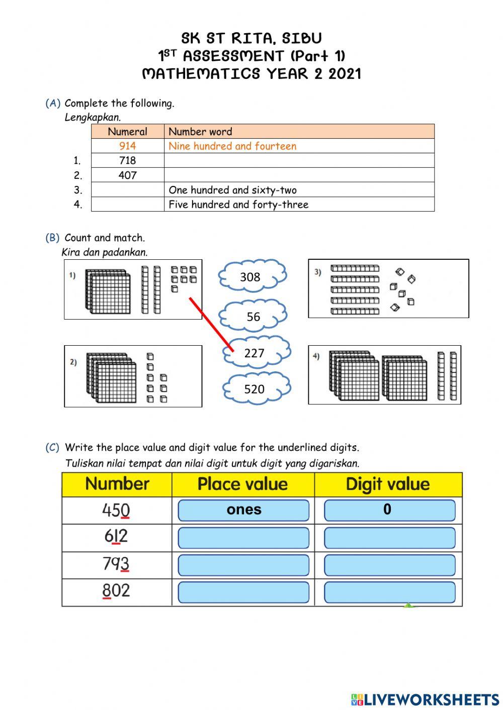 26.07.2021 Math Yr2 Assessment 1 worksheet | Live Worksheets