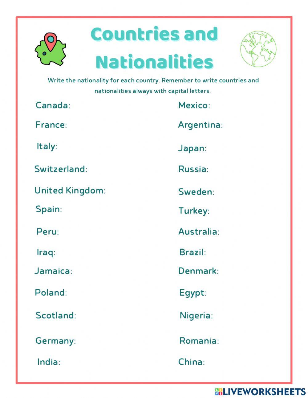 Countries and Nationalities online exercise for Basic | Live Worksheets