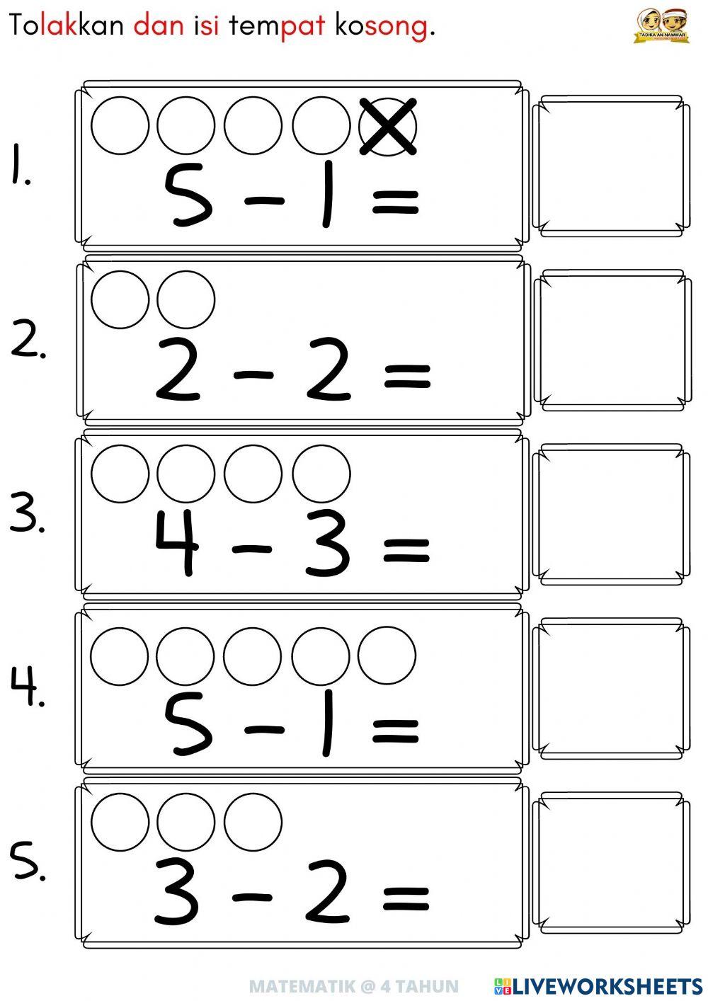 MATHS: Operasi Tolak activity for tadika | Live Worksheets