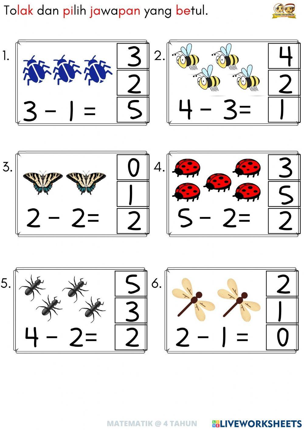 MATHS: Operasi Tolak exercise for TADIKA | Live Worksheets