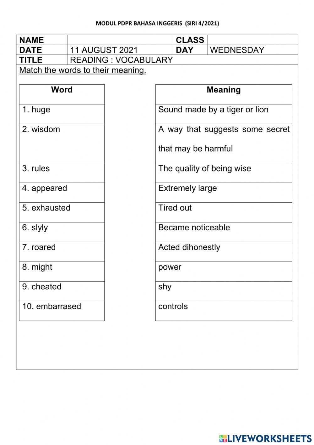 Vocabulary online exercise for Year 6 | Live Worksheets