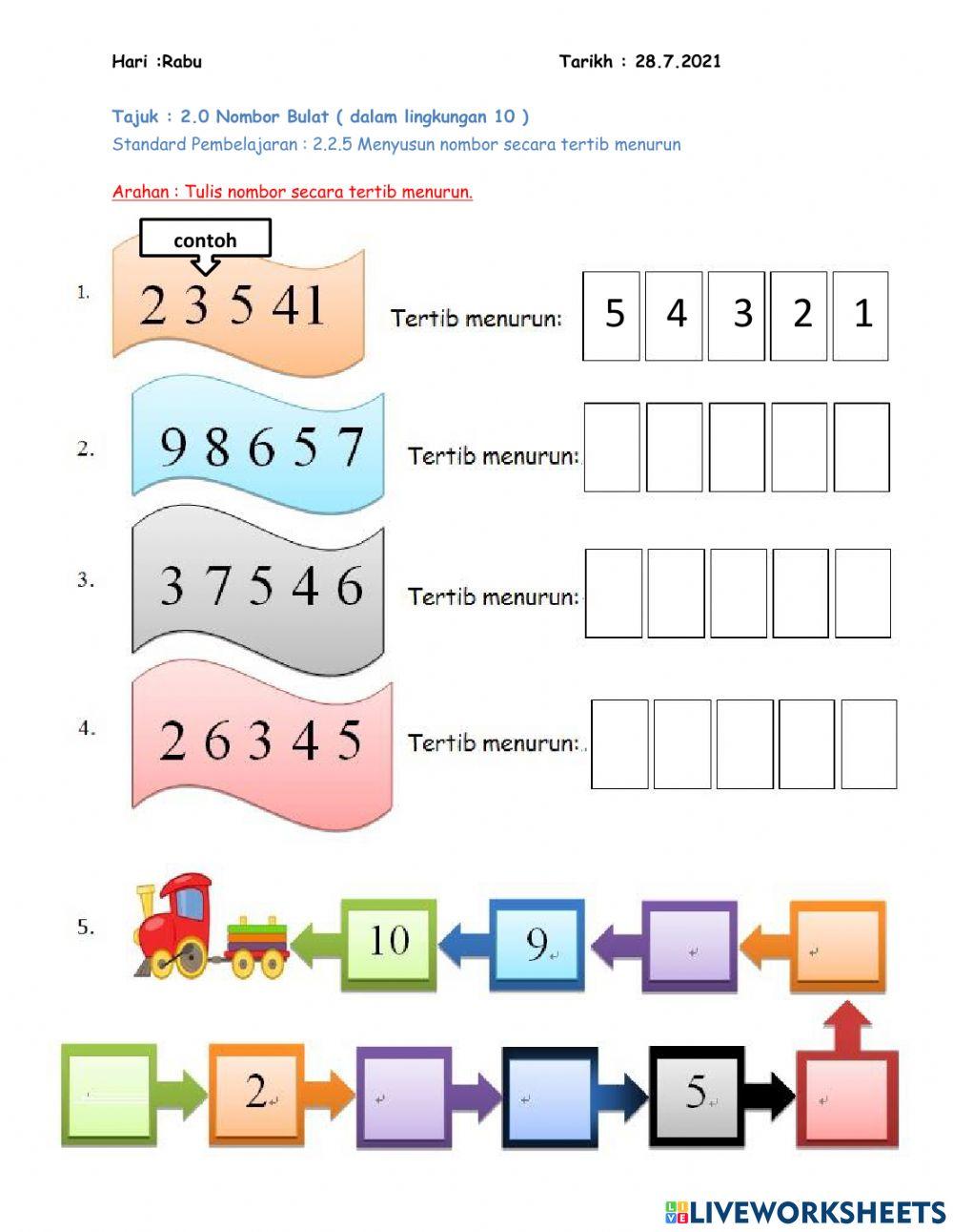 Tertib menurun online worksheet | Live Worksheets