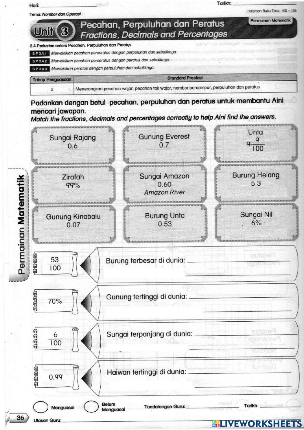 Peratus online pdf activity for Tahun 3 | Live Worksheets