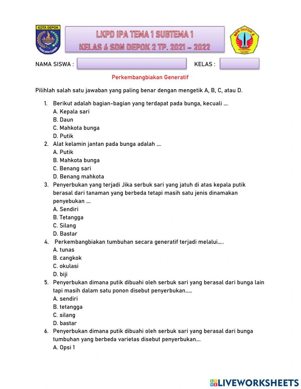 Lkpd ipa tema 1 kelas 6 worksheet | Live Worksheets