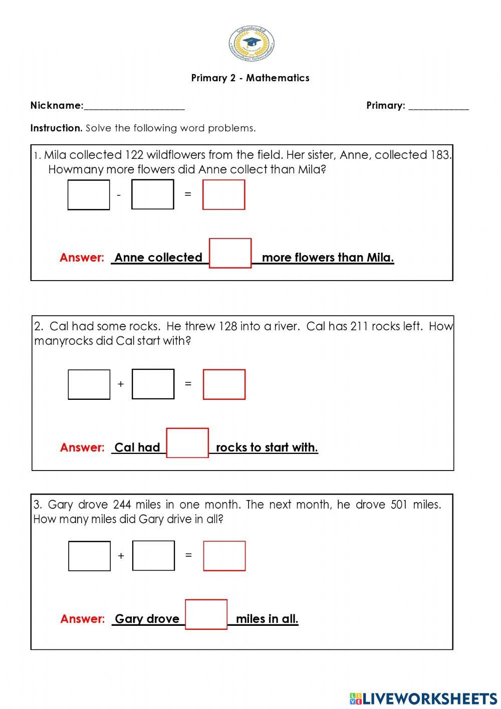 Word problem 1195869 | trishamae1028 | Live Worksheets