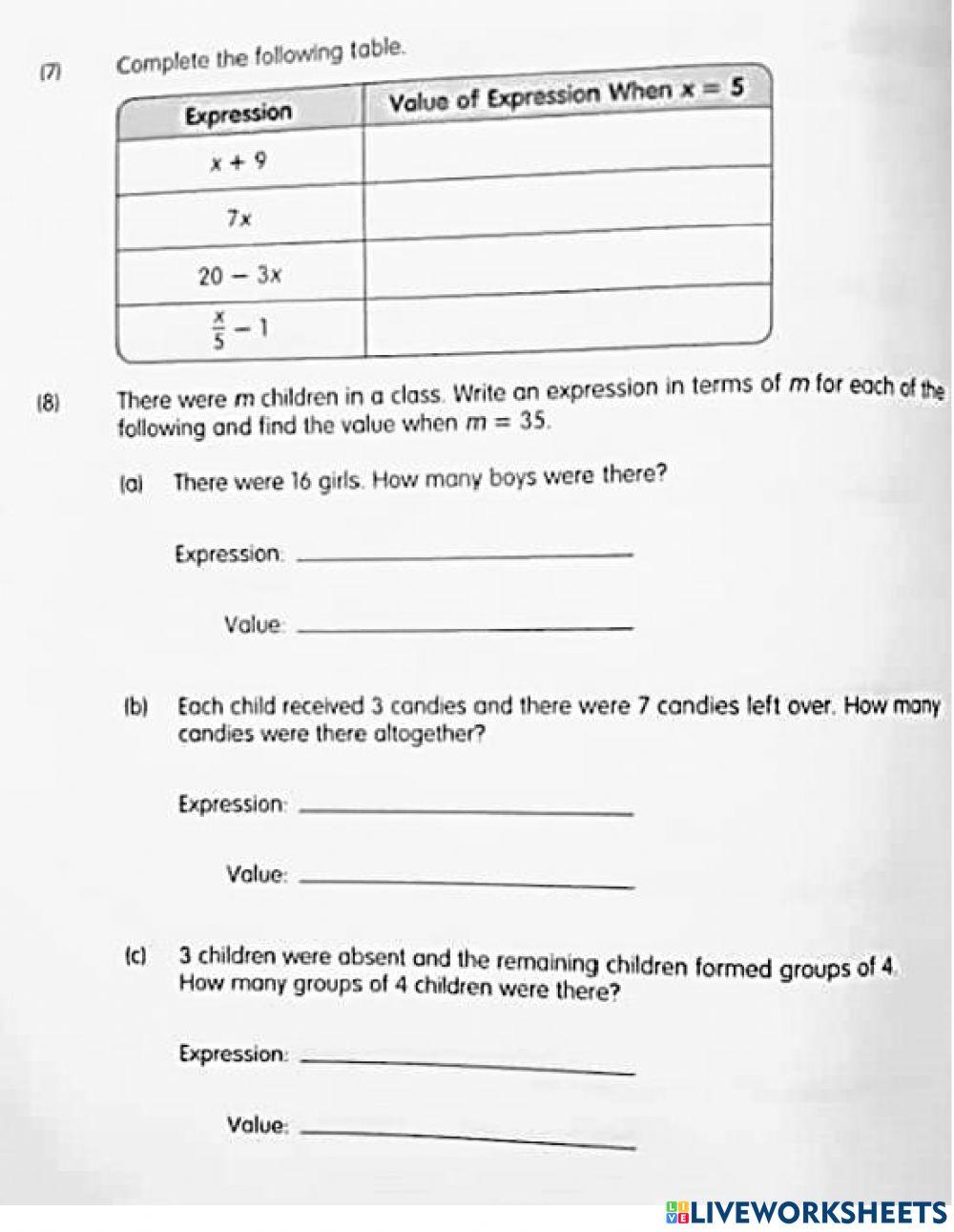Evaluating Algebraic Expressions activity | Live Worksheets