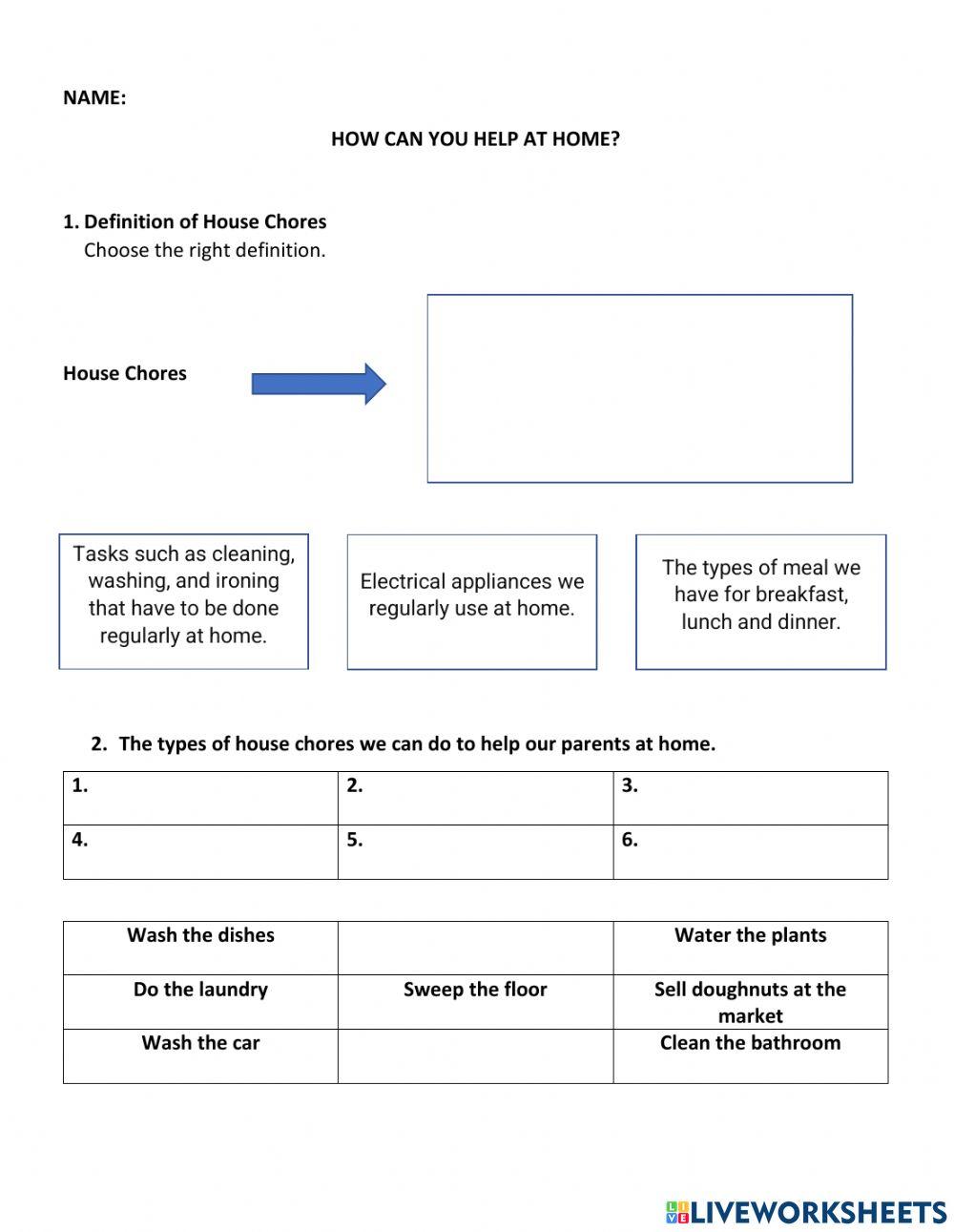 Definition of House Chores worksheet | Live Worksheets