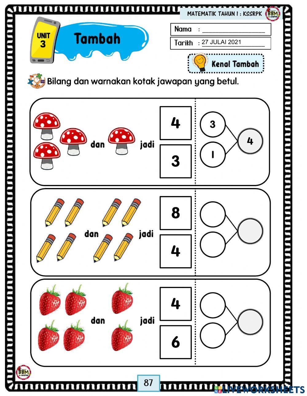 Konsep tambah online worksheet | Live Worksheets