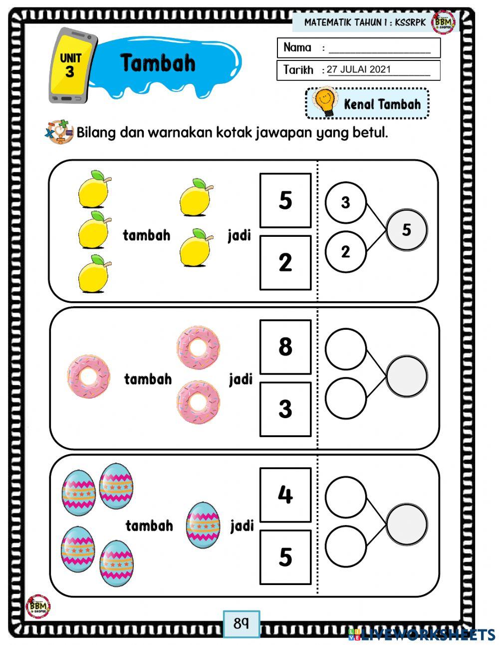 Konsep tambah online worksheet | Live Worksheets