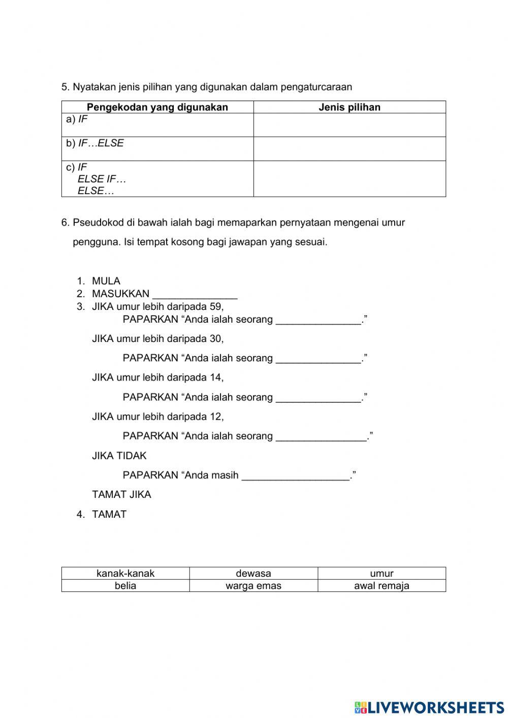Kod arahan online activity | Live Worksheets