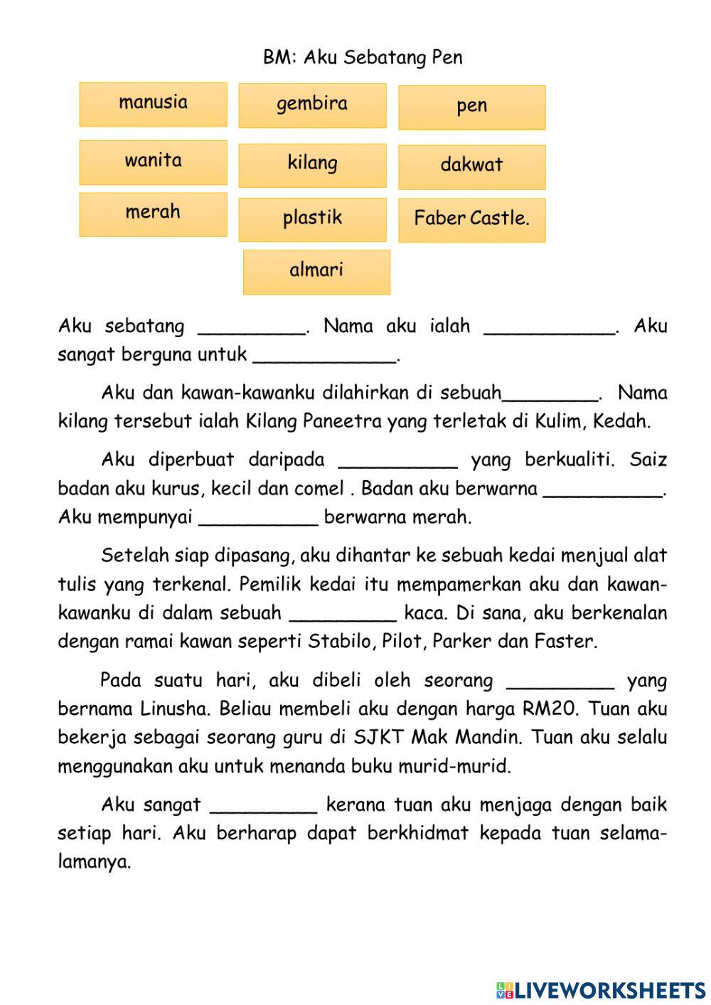 Aku Sebatang Pen interactive worksheet | Live Worksheets