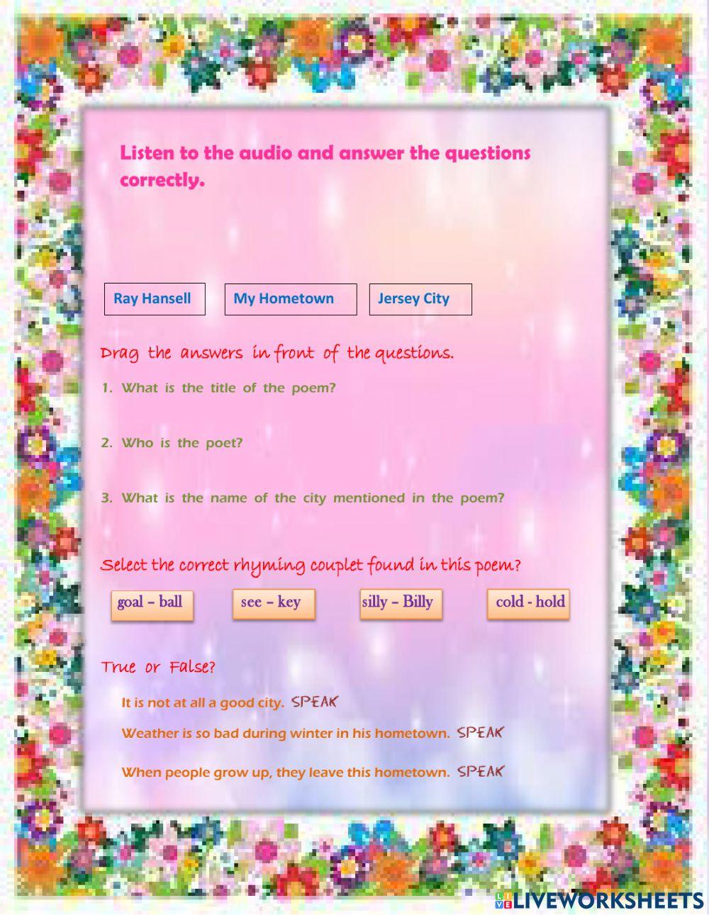 My Hometown poem interactive exercise | Live Worksheets