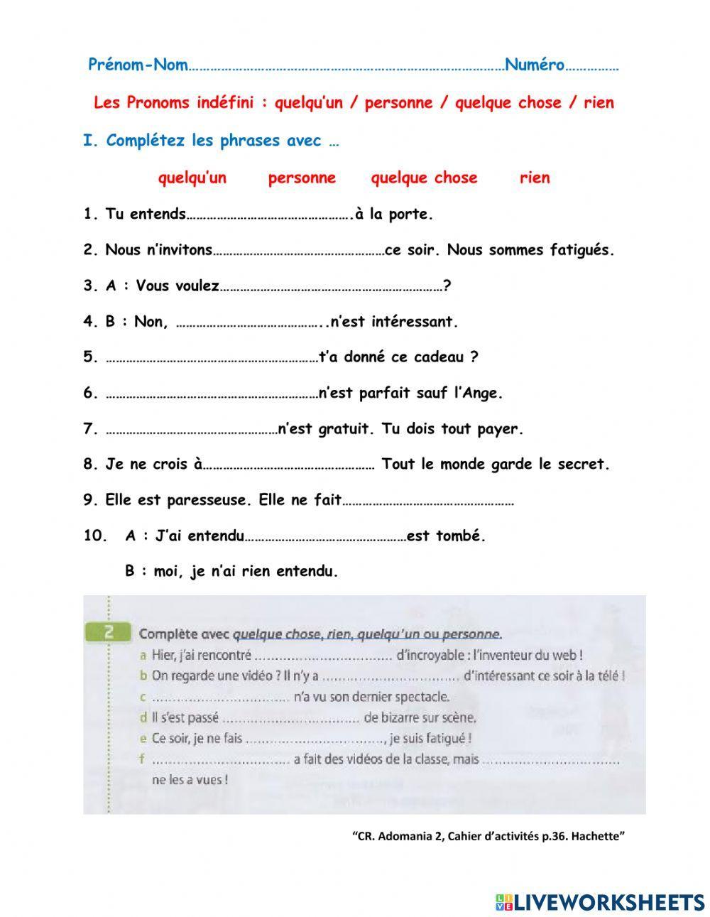 Pronoms indéfin… | Free Interactive Worksheets | 1198303