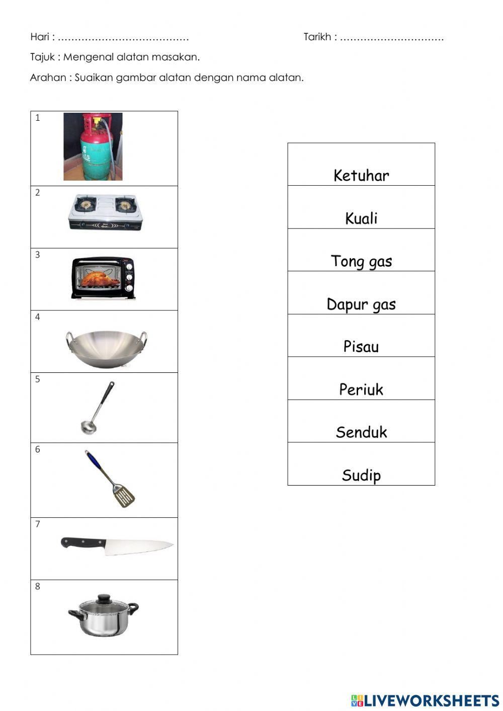 Mengenal alat masakan interactive worksheet | Live Worksheets