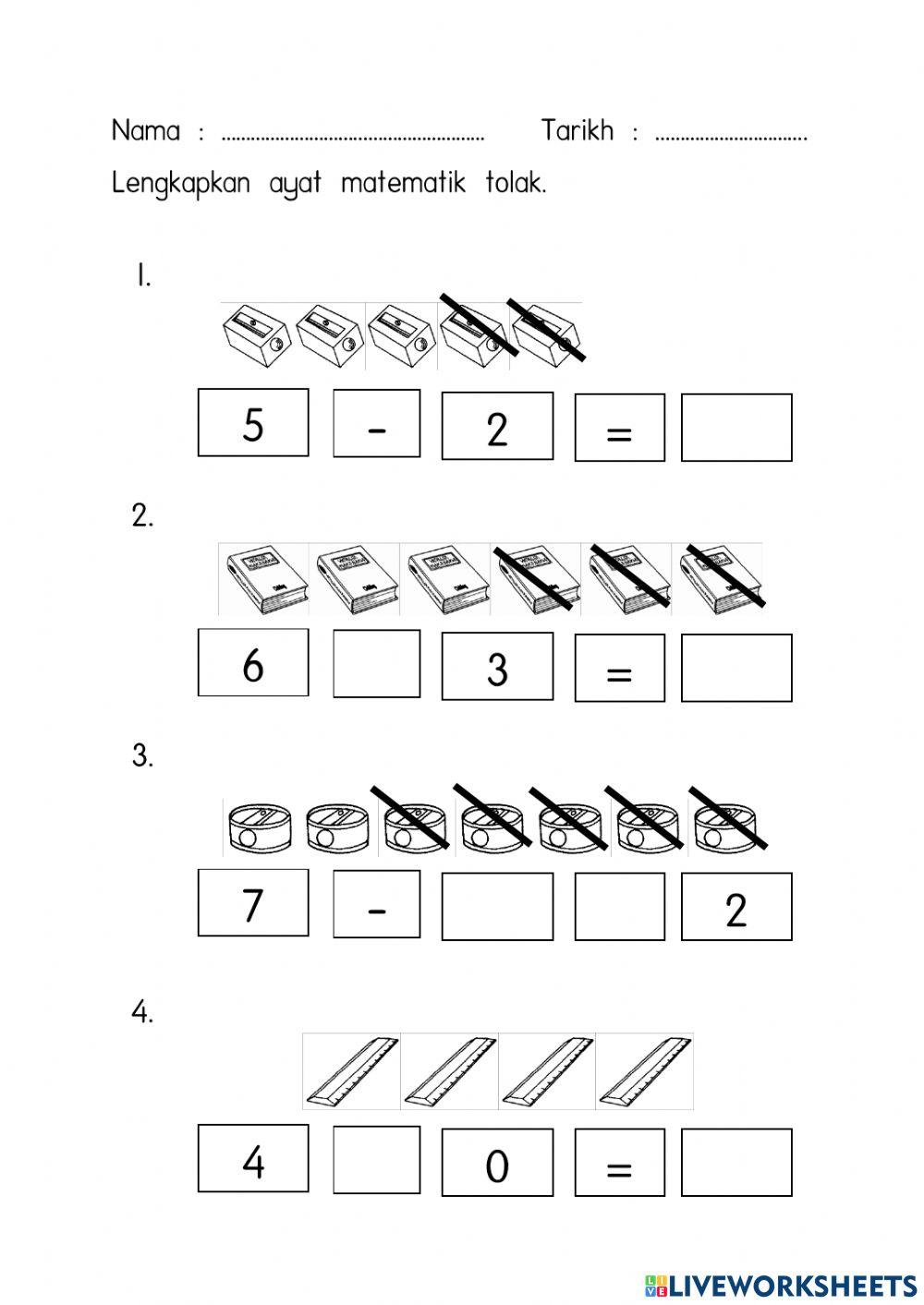 Operasi tolak online exercise for Prasekolah | Live Worksheets