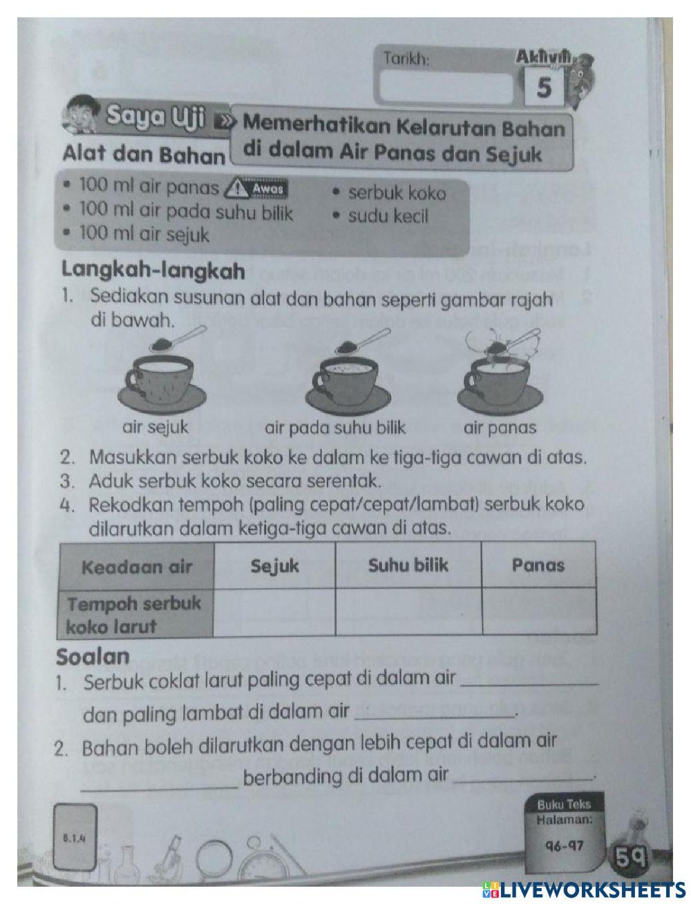 Memerhati kelarutan bahan worksheet | Live Worksheets