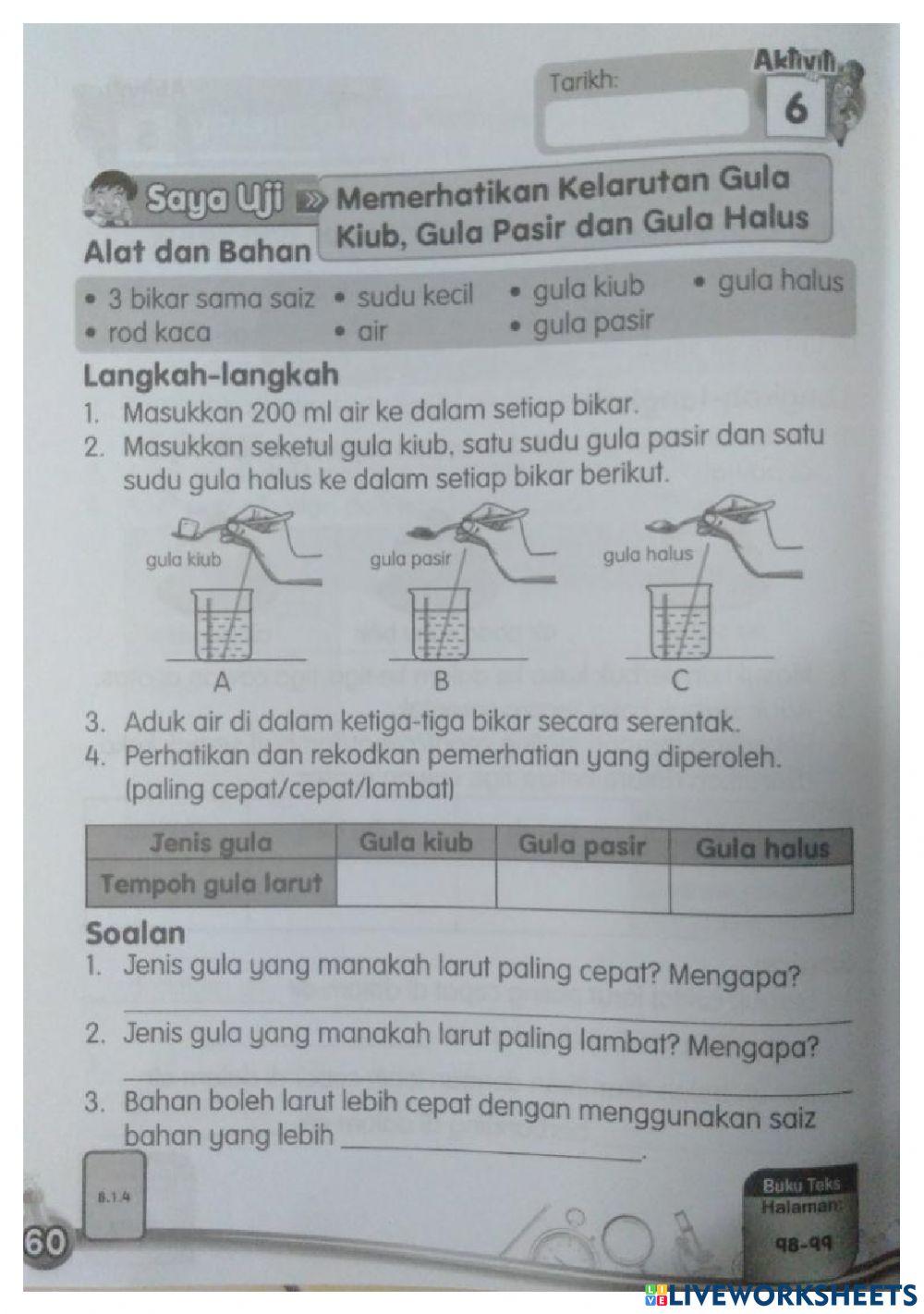 Memerhati kelarutan bahan interactive worksheet | Live Worksheets