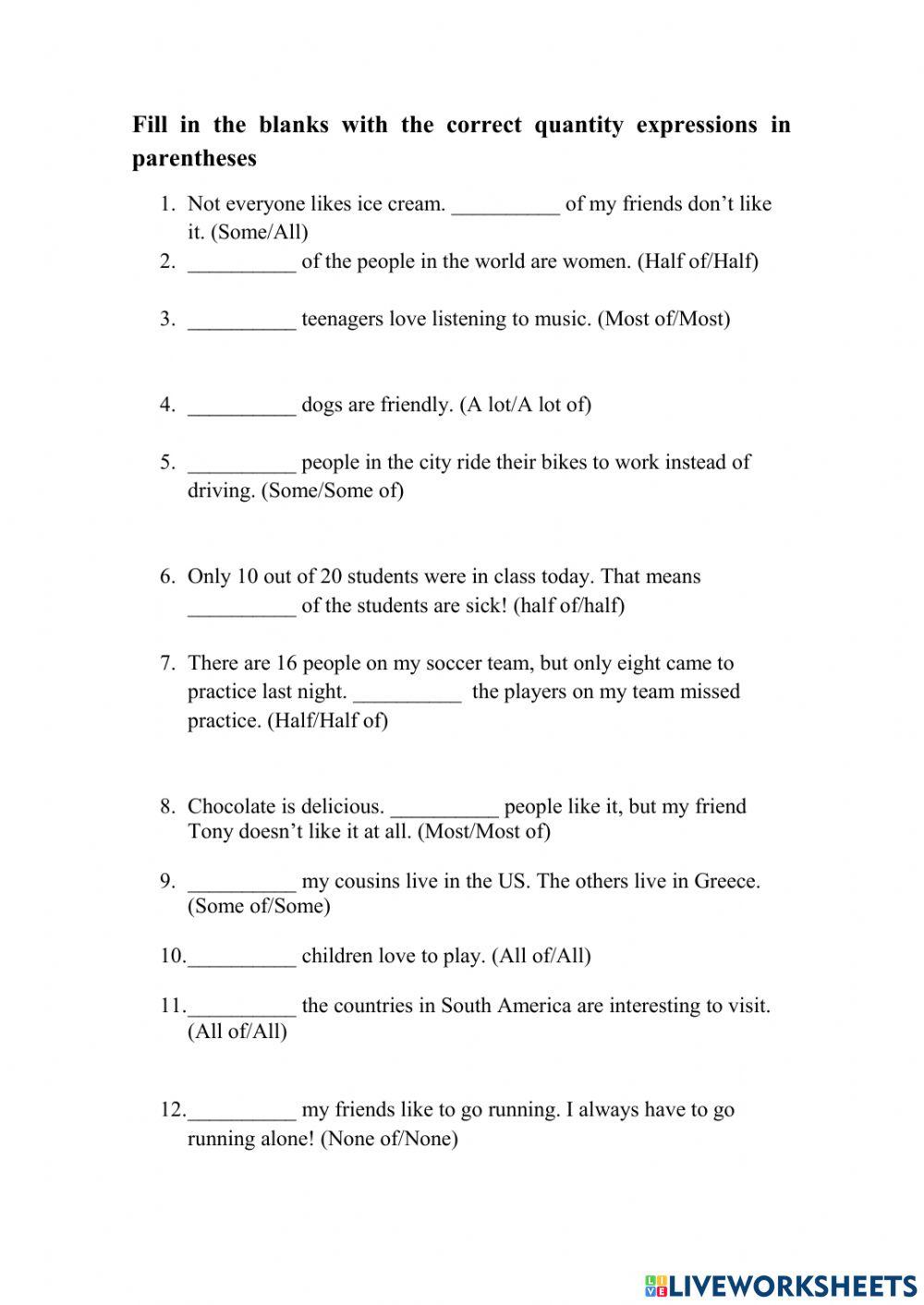Quantity Expressions activity | Live Worksheets