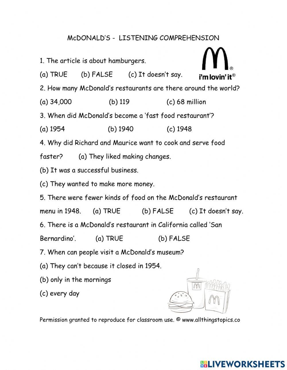 McDonald's | Free Interactive Worksheets | 1200203