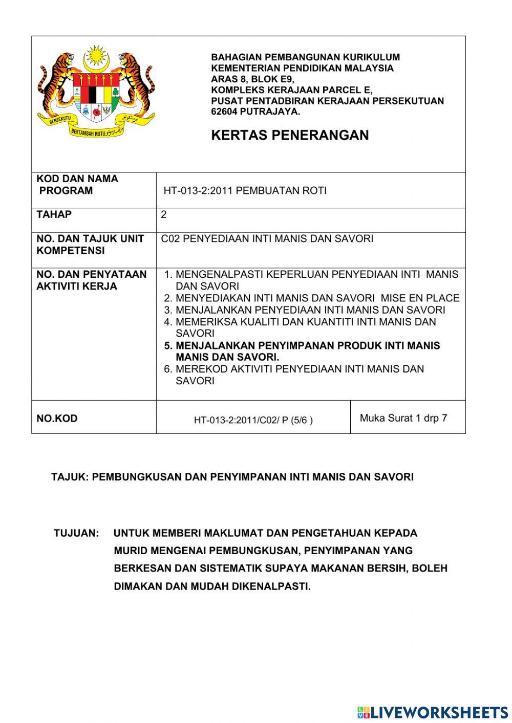 Kvs pembuatan roti-pembungkusan inti worksheet | Live Worksheets