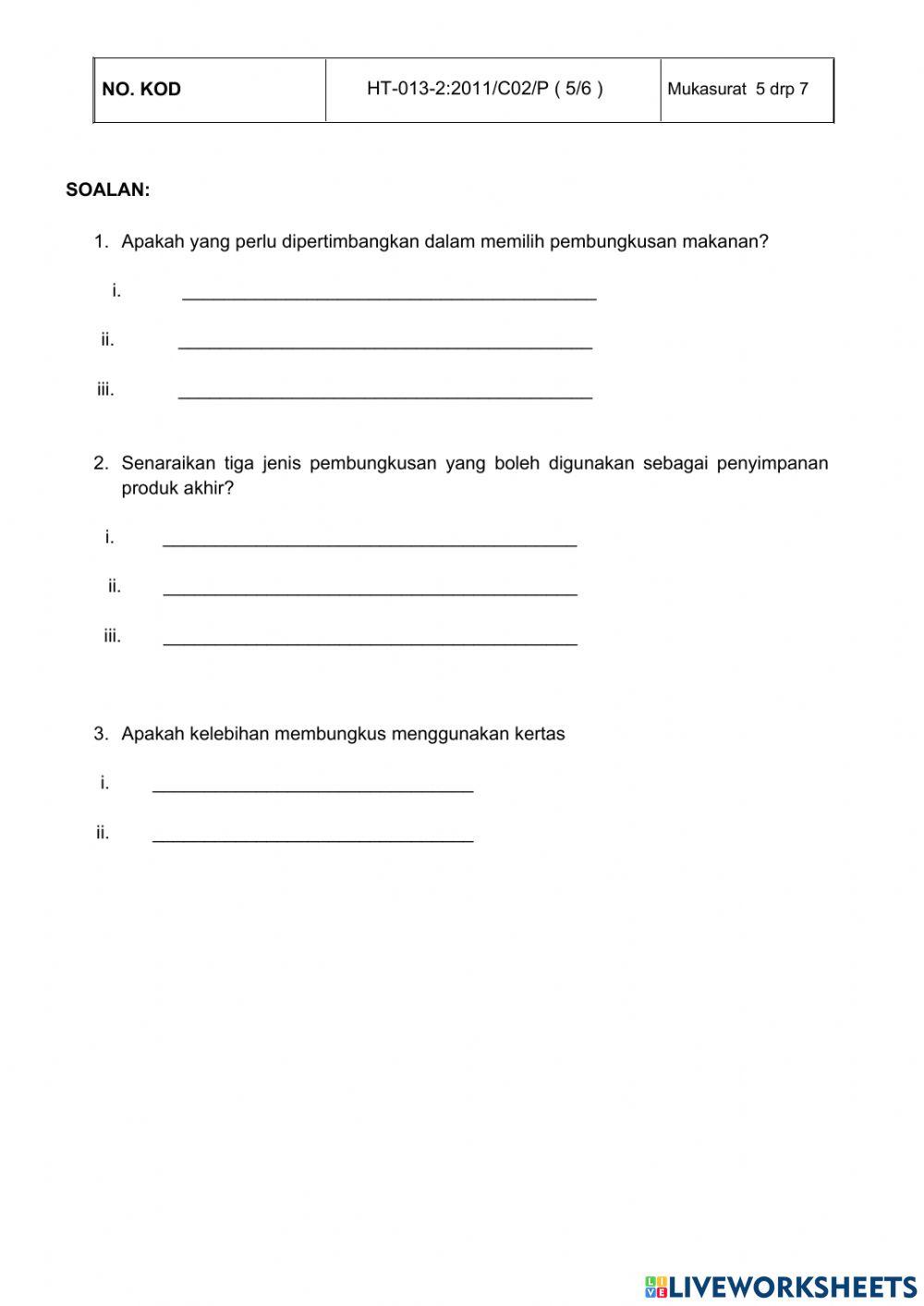Kvs pembuatan roti-pembungkusan inti worksheet | Live Worksheets