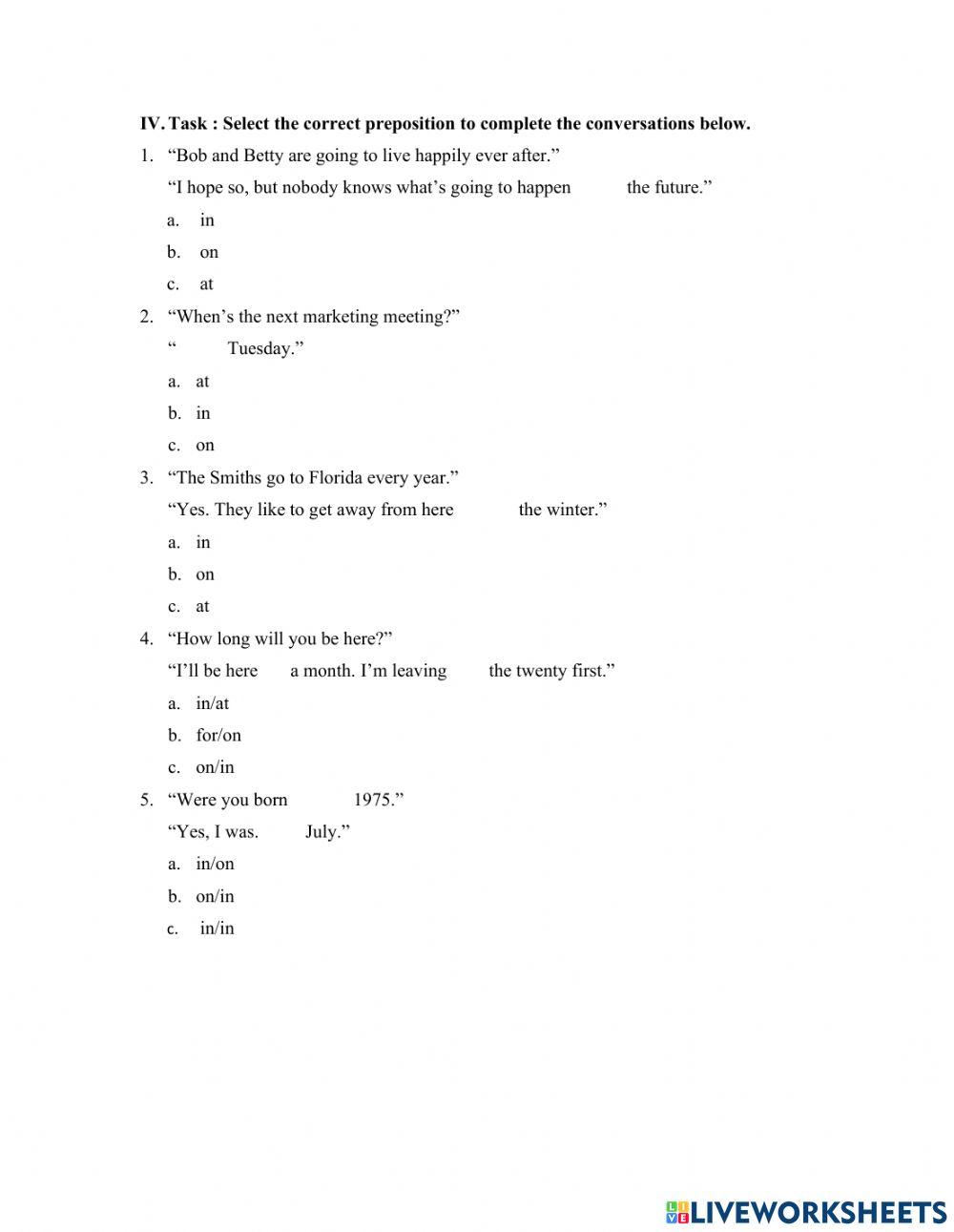 Preposition of Time free exercise | Live Worksheets