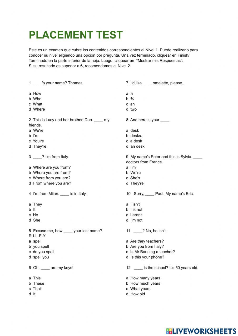 PLACEMENT TEST online exercise for | Live Worksheets