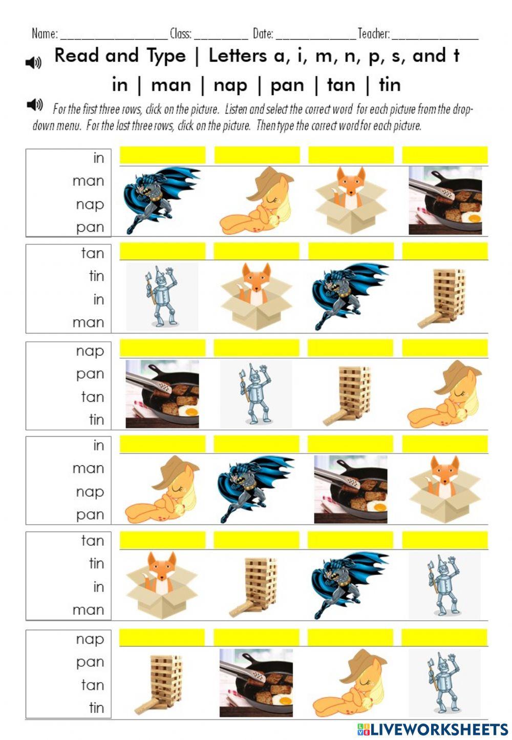 Read and Type - Letters a, i, m, n, p, s, and t Words: man, nap, pan ...