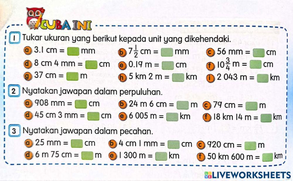 Tukar unit panjang interactive worksheet | Live Worksheets
