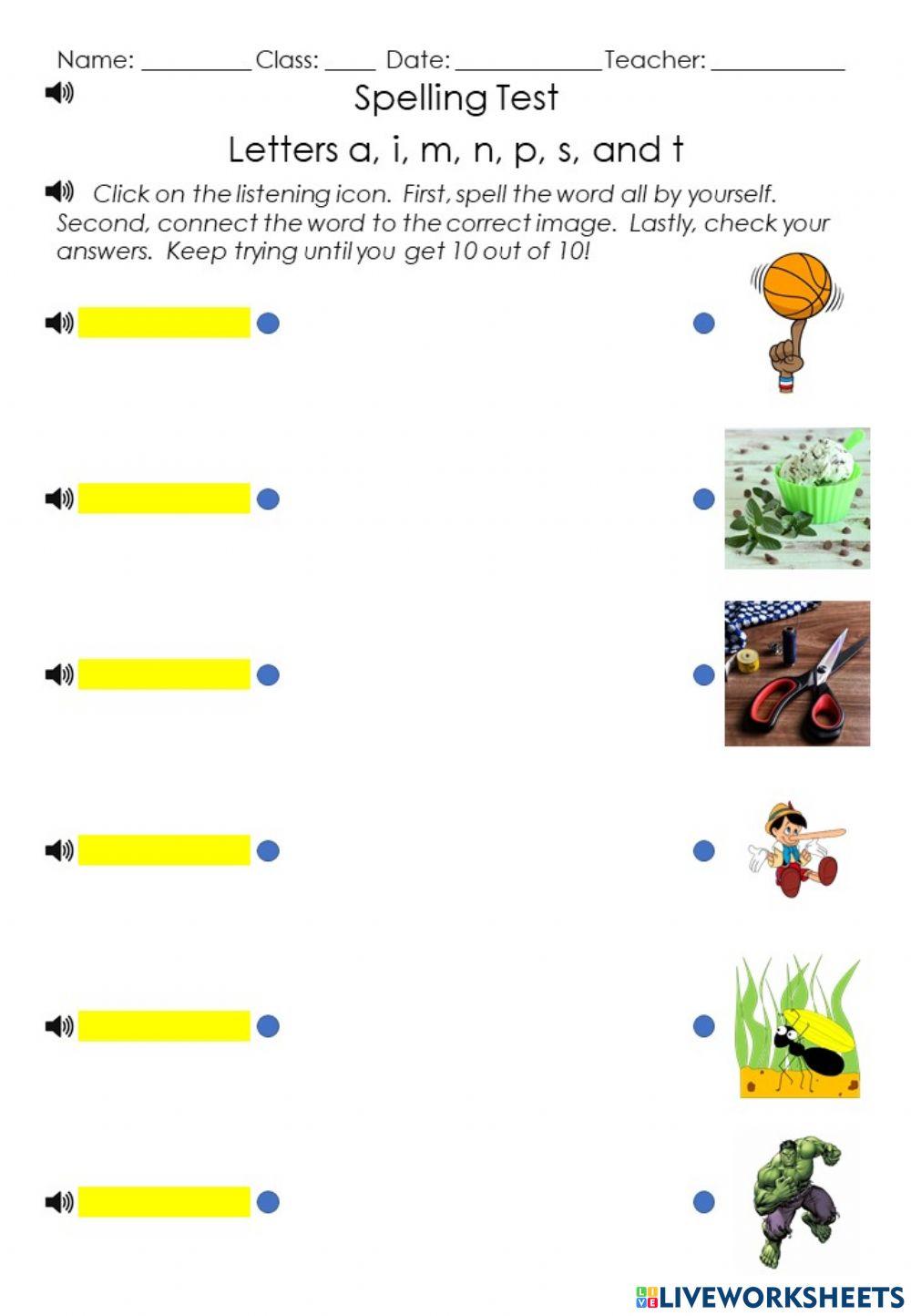 Spelling Test for Letters a, i, m, n, p, s, and t. Words ant, mint ...