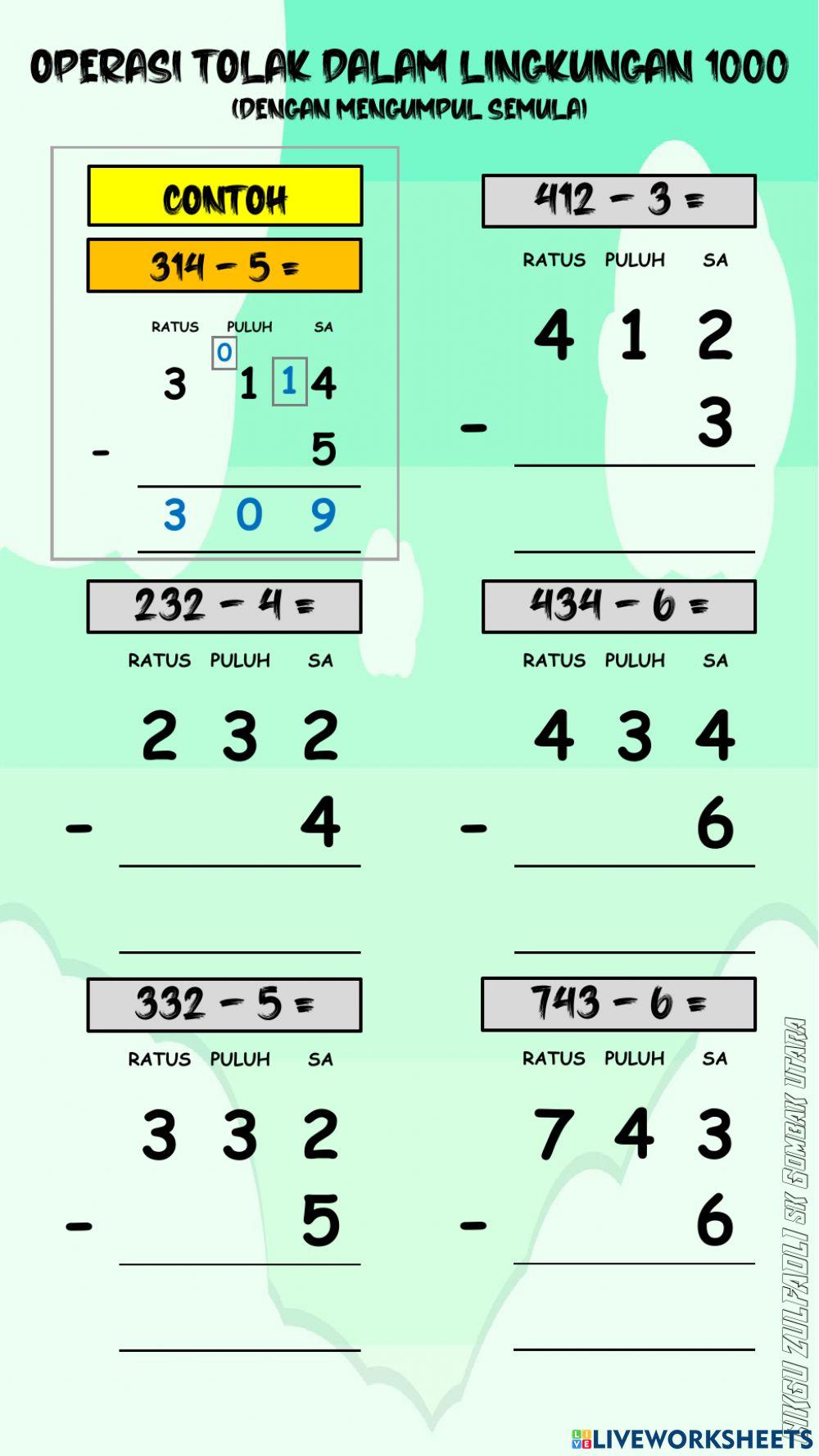 Operasi tolak lingkungan 1000 DENGAN MENGUMPUL SEMULA worksheet | Live ...