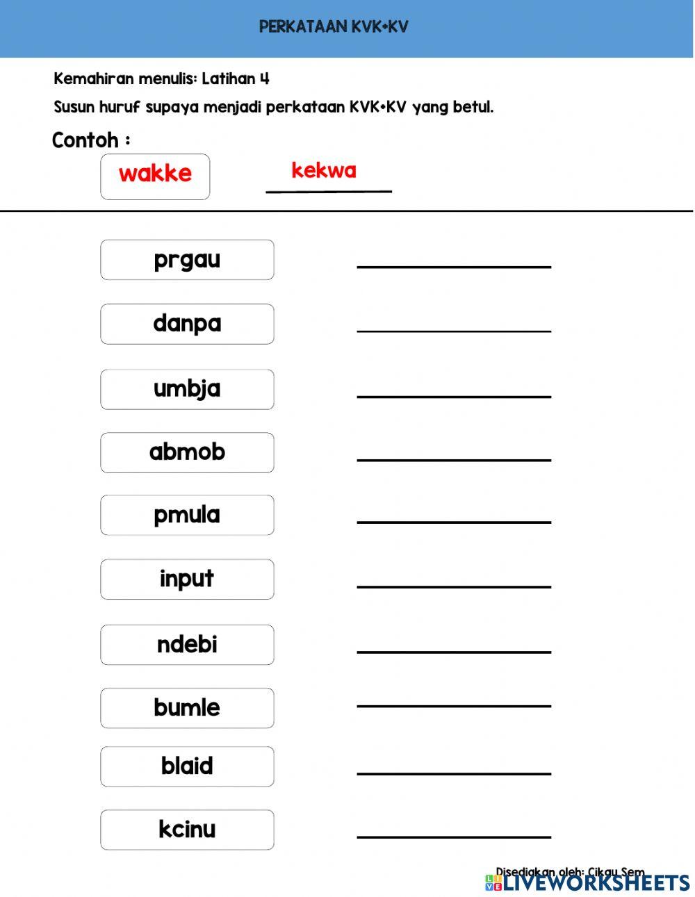 Perkataan KVK+KV exercise for grade 3 | Live Worksheets