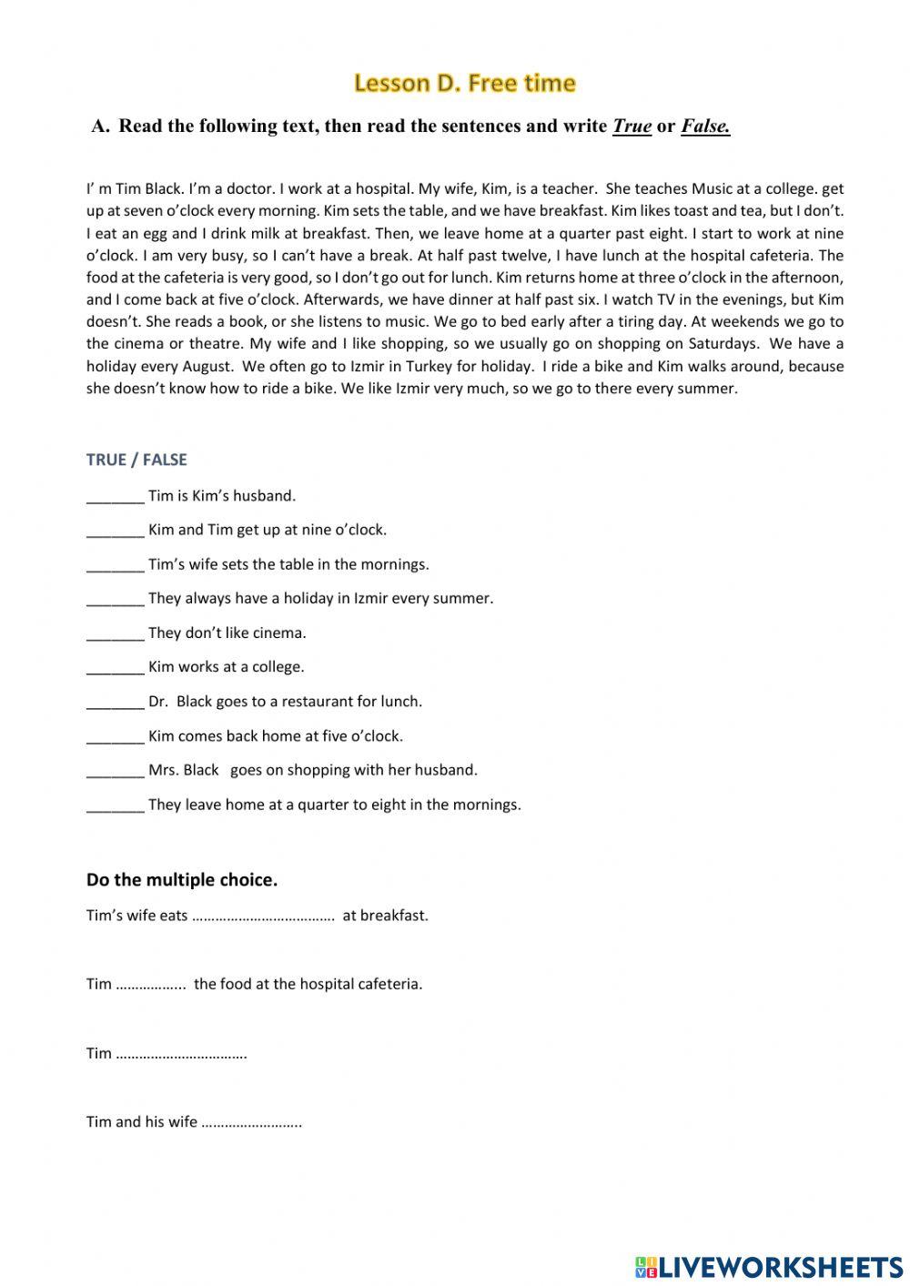 Free time online exercise for preparatory | Live Worksheets