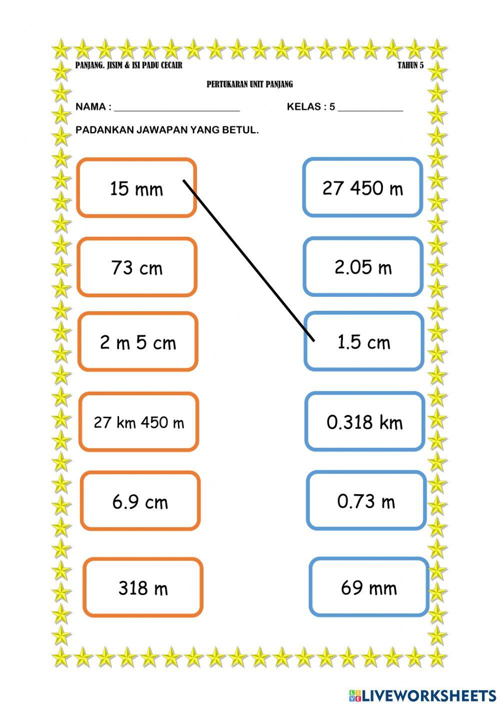 Penukaran Unit Panjang, Jisim & Isi padu Cecair worksheet | Live Worksheets