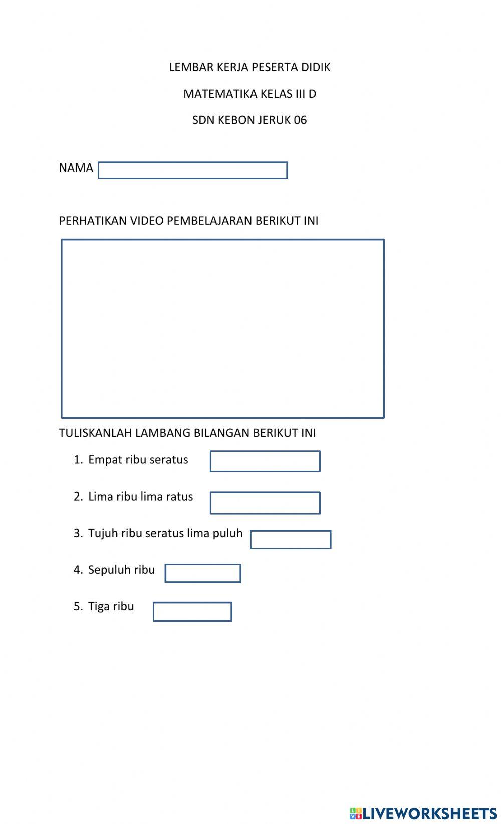 Membaca dan menulis bilangan worksheet | Live Worksheets