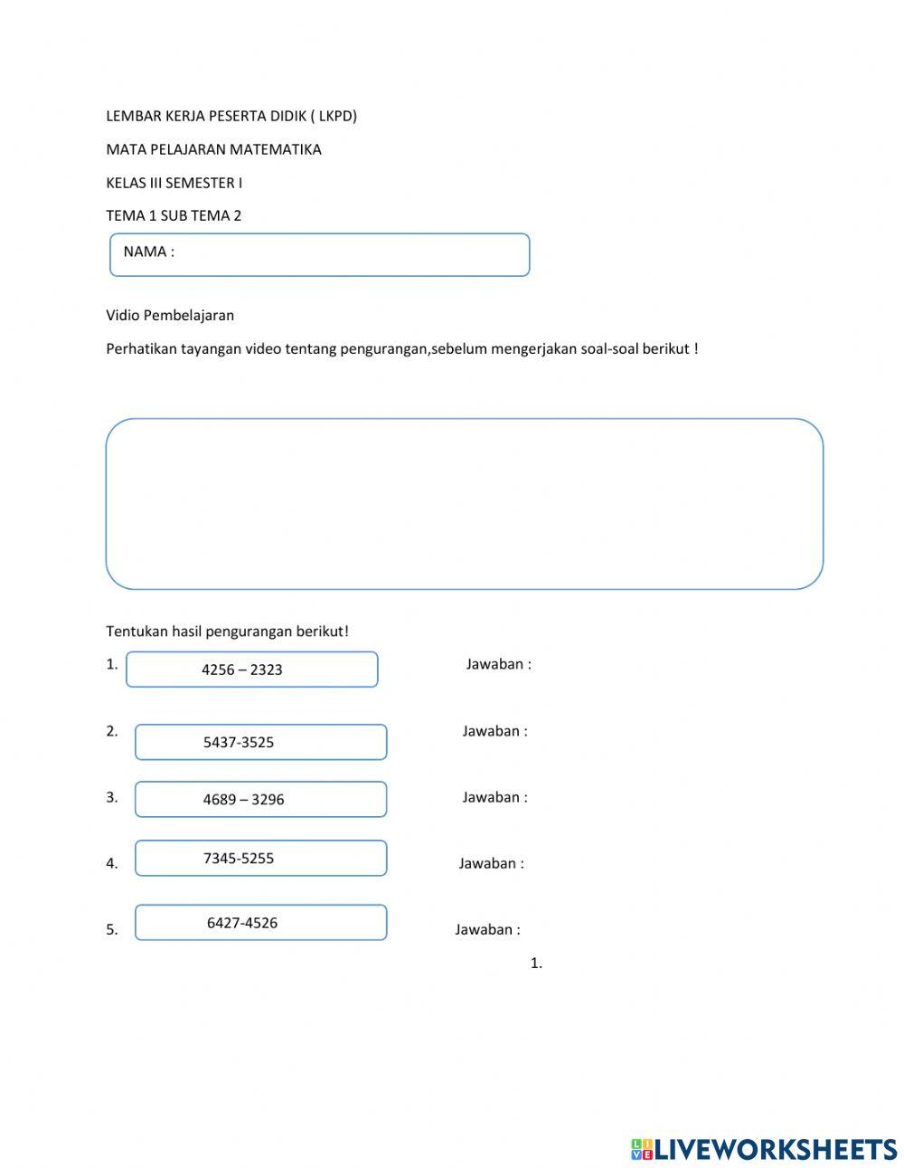 Pengurangan online worksheet for kelas 3 | Live Worksheets