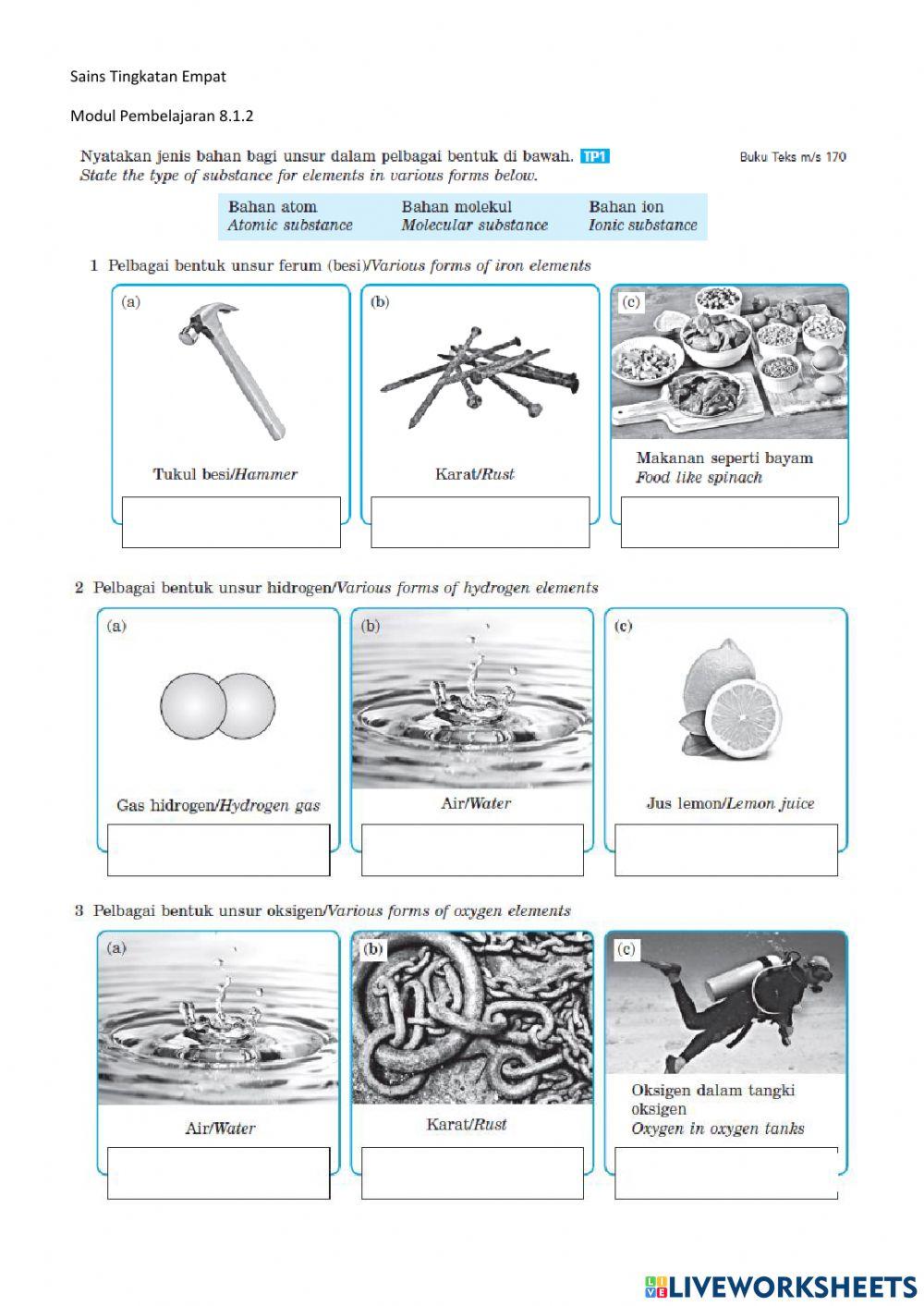 Kewujudan unsur dalam pelbagai bentuk worksheet | Live Worksheets