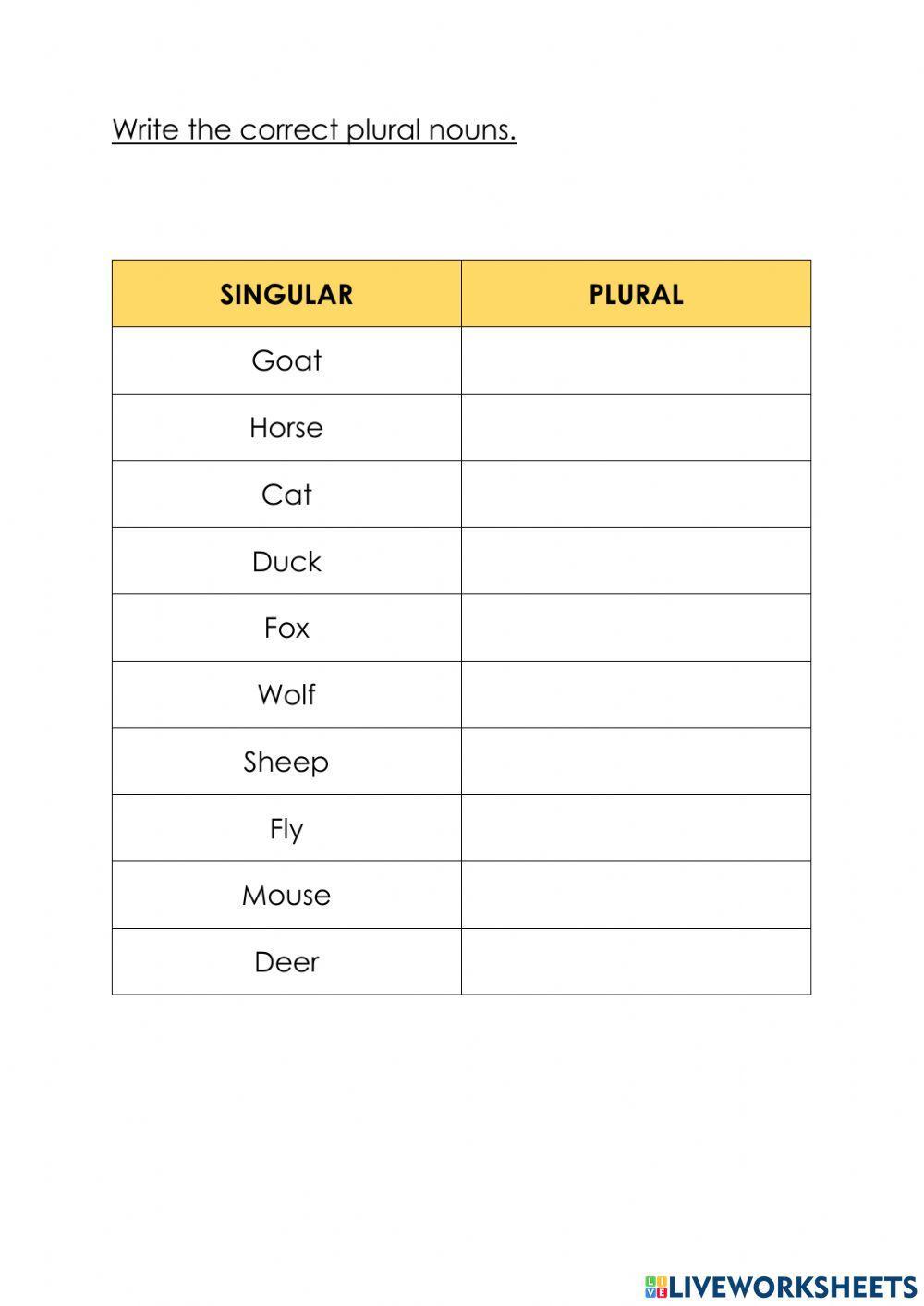 Singular and plural nouns exercise for 2,3 | Live Worksheets